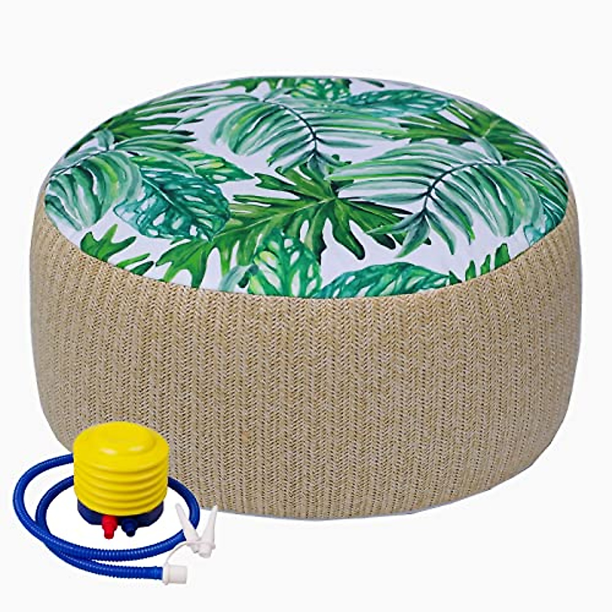 weruisi Woven Inflatable Ottoman with Air Pump D21”x H10” Outdoor Indoor Pouf Patio Footrest Stool with Portable Handle, Round Ottoman for Patio Garden, Camping, Bedroom, Living Room…
