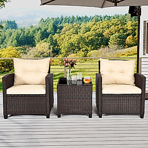 S AFSTAR 3 Pieces Patio Furniture Set, Outdoor Wicker Conversation Set Rattan Chairs with Soft Cushions, Glass Coffee Table, Bistro Set for Front Porch Balcony Garden Deck Poolside, Beige