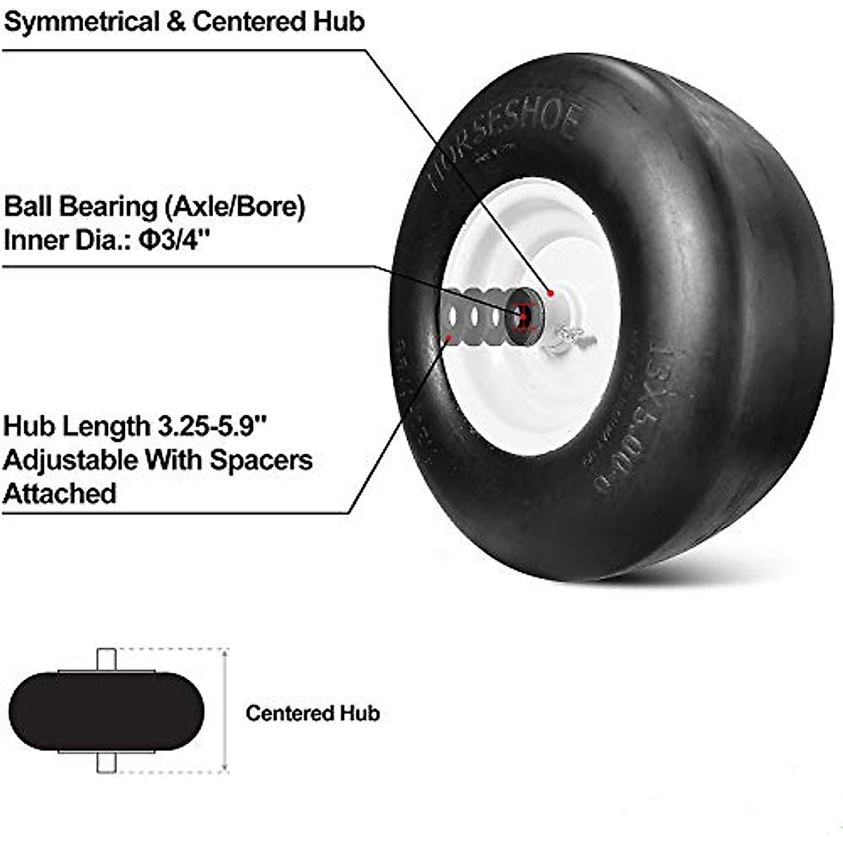 HORSESHOE New 13x5.00-6 Flat Free Smooth Tire w/Steel Wheel for Residential Riding Lawn Mower (Deck 36"-46") Garden Tractor -hub Length 3.25"-5.9" - Bore ID 3/4" 135006 (1)