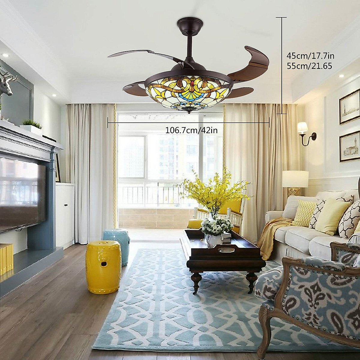Sindipanda 42" Tiffany Ceiling Fan,Retractable Blade LED Chandelier Fan,Vintage Stained Glass Chandelier w/Remote,for Dining Room Bedroom Living Room