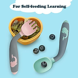 CocoMeiwei Toddler Utensils,Baby Silicone Spoon and Fork Set with Bendable Handle for Kids Self-feeding Learning,BPA Free Toddler Flatware 4 Pieces