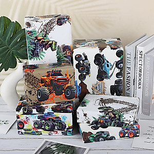 Dtiafu Monster Truck Wrapping Paper for Boys Kids - Racing Car Gift Wrap Paper Bulk Folded Flat for Birthday Baby Shower Holiday - Cartoon Dinosaur in Pickup,Monster Truck Designs Gift Wrapping -