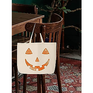 shop4ever Orange Jack O' Lantern Pumpkin Face Halloween Trick or Treat Jumbo Heavy Canvas Tote Reusable Shopping Bag Natural JUMBO 1