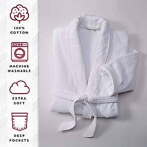 Marriott Terry Velour Robe - Bath Robes for Women - Ladies White Hotel Robe with Shawl Collar and Self-Tie Belt - Women's Robes - Spa Robe - Bathrobe for Women - One Size