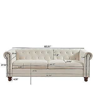 80.3'' Chesterfield Sofa, Classic 3 Seat Tufted Upholstered Couch, High-tech Fabric Sleeper Sofa with Nailhead Scrolled Arms for Living Room Apartment Office 80.31" W x 30.31" D x31.88 H (White)