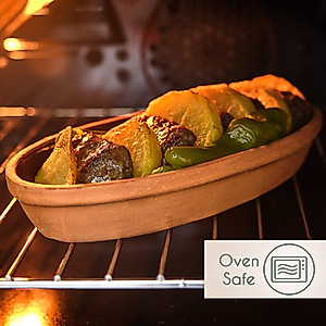 CRYSTALIA Handmade Clay Cooking Pan, Roaster Natural Ceramic Pan for Sausage Fish, Turkish Terracotta Bowl, Glazed Interior Clay Food Serving Dish