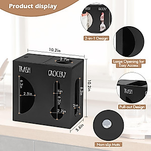 2 in 1 Grocery Bag Holder Trash Bag Dispenser, Wood Trash Bag Holder, Garbage Bag Holder Wall Mount, Grocery Bag Dispenser for Plastic Bags, Kitchen Cabinet Under Sink Organizers and Storage (Black)