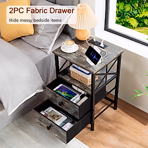 AMHANCIBLE Night Stand Set 2, LED Nightstand with Charging Station, End Tables Living Room with Fabric Drawers, Bedside Table for Bedroom, Ink Grey, HET052LKG