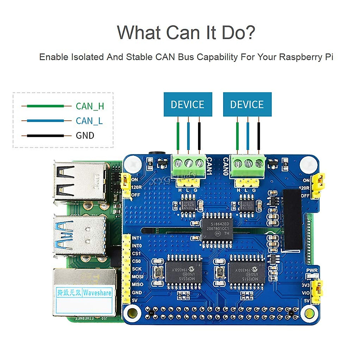 for Raspberry Pi 2-Channel Isolated CAN Bus Expansion HAT MCP2515 + SN65HVD230 Dual Chips Solution 3.3V/5V Breakout SPI STM32 with Multi Onboard Protection Circuits 2-CH @XYGStudy