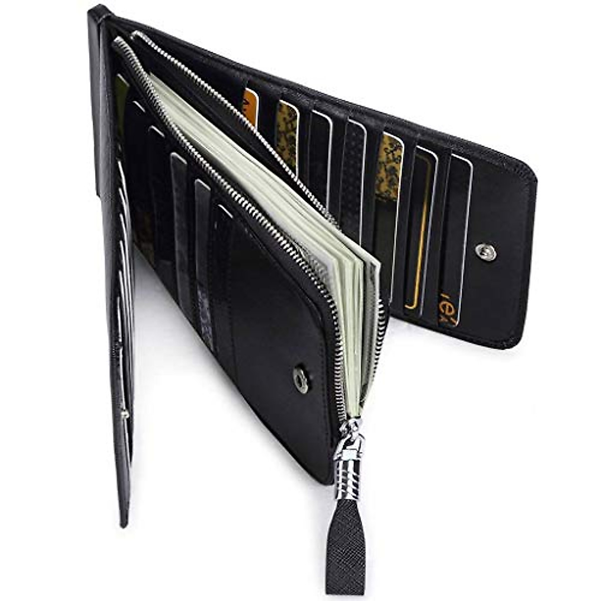 Huztencor Women's Credit Card Holder RFID Blocking Leather Multi Card Organizer Wallet Slim Long Zipper Bi-fold Business Card Case Clutch Wallet with ID Window Black (FBA)