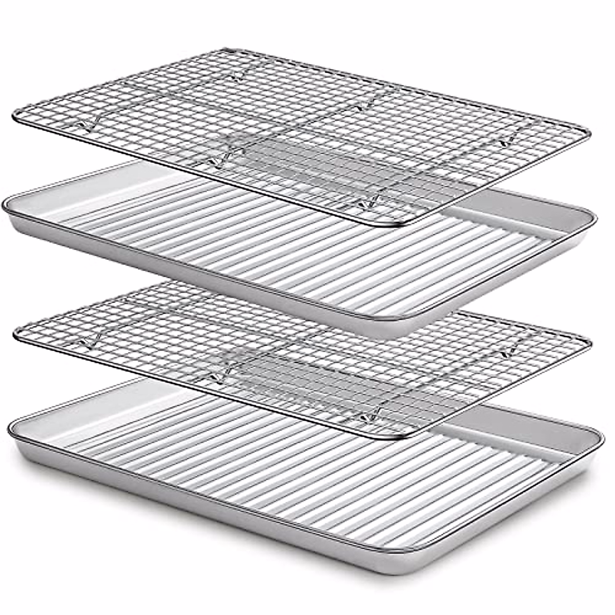 Baking Sheet with Cooling Rack Set(2 Pans+2 Racks) 17'', Terlulu Stainless Steel Baking Pan with Wire Rack, Heavy Duty Half Sheet Pan&Bacon Rack for Oven Cooking, Cookie Sheet, 17.1 x 12.2 x 1.1 Inch