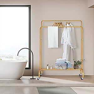 Sapodilla Double Rod Garment Rack with Shelf,Heavy Duty Hanging Clothes Rack with Wheels,Rolling Clothing Rack for Hanging Clothes,Clothes Hanger Rack,Metal Frame,Gold