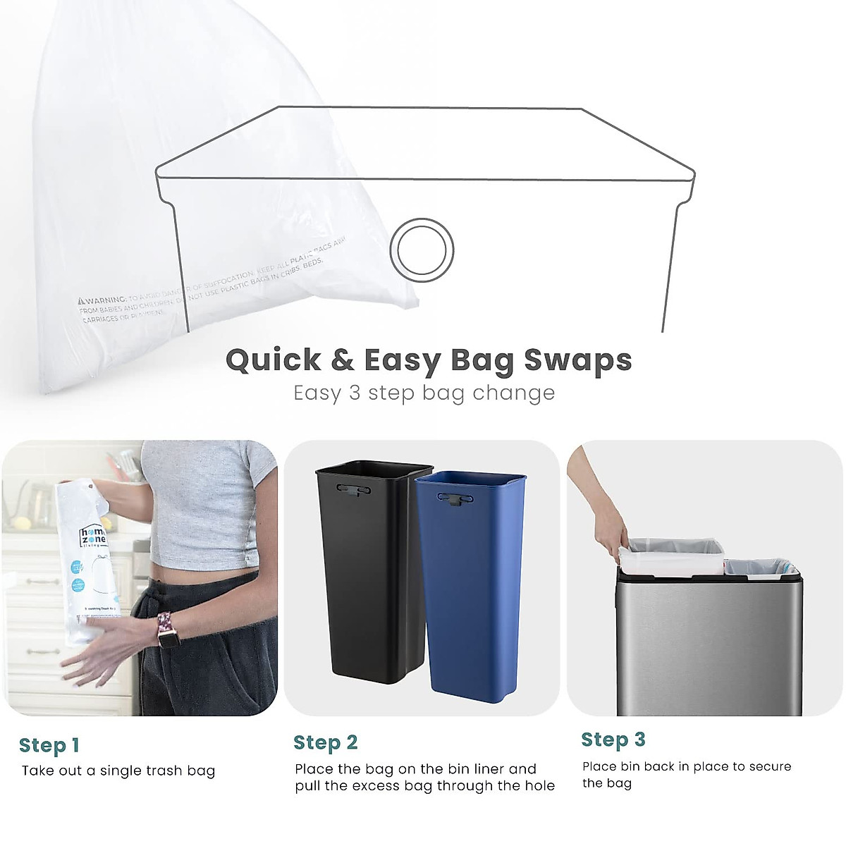 Home Zone Living 13 Gallon Kitchen Trash Can, Dual Removable Liners for Recycling and Trash, Wide Stainless Steel Shape, Open Top, No Lid Design (8 + 5 for 13 Gallon Total)