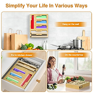 HOSTENU 6 in 1 Storage Bag Organizer for Kitchen Drawer, Bamboo Foil and Plastic Wrap Dispenser with Cutter, Food Baggie Organizer for Drawer, Plastic Bag Organizer for Gallon, Quart, Sandwich, Snack