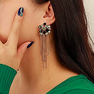 Kercisbeauty Metal Black Long Tassel Chandelier Gold Earrings Sparkle Crystal Women Prom Wedding Earrings (Black and Gold)