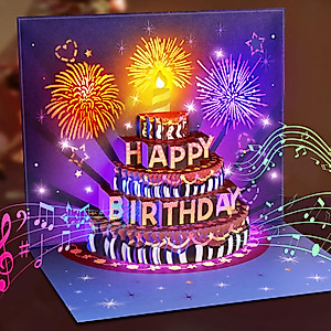 INPHER Birthday Cards Fireworks Pop Up Cake Light and Music Happy Birthday Card Gift for Women, Men, Mom, Grandma