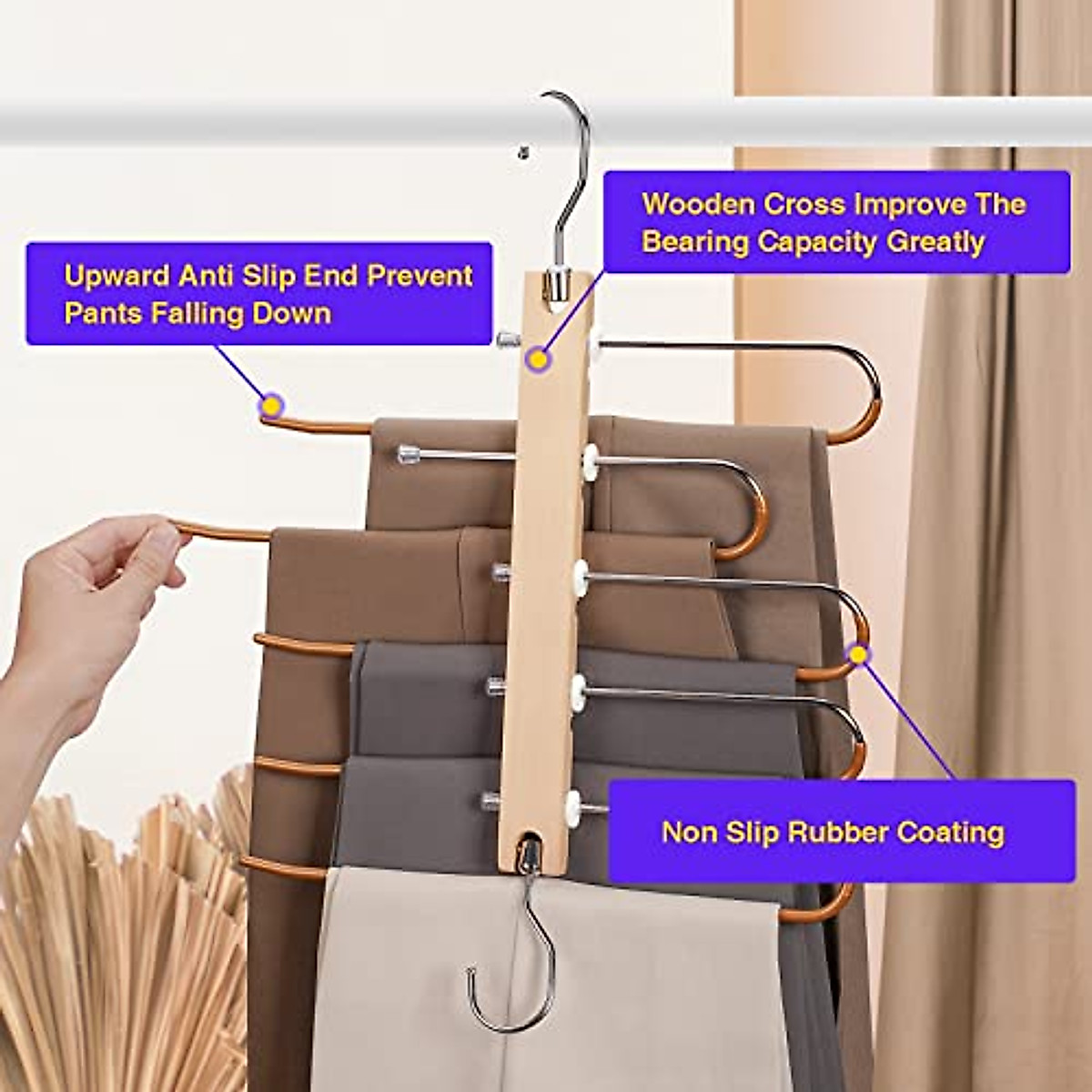 Ulimart Pants Hangers 2Pcs Pants Hangers Space Saving,Wooden Multiple Layers Pants Rack with Non-Slip Rubber Coating Pants Organizer for Trousers Scarves Slack