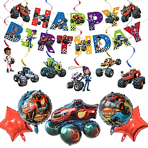 Blaze Birthday Decorations Blaze and The Monster Machines Party Balloon Banner and Hanging Swirls for Kid, Boys and Girls Happy Birthday Banners