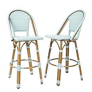 YOEEMZ Outdoor Bar Stools Set of 2 | 30 Inch Bar Height Rattan Patio Barstools with Back | Sturdy Aluminum Frame & Bamboo Finish | French Metal Chair, Powder Blue