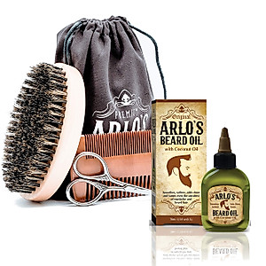 Arlo's 5-PC Mens Premium Beard Grooming Kit w/Coconut Beard Oil 2.5oz Beard Oil, Beard Brush, Beard Comb, Beard Scissors & Carry Bag