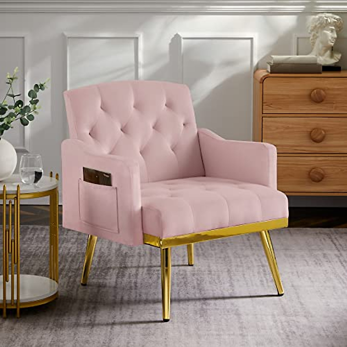 Keainvren Velvet Accent Sofa Chair,Modern Armchair Tufted Upholstered Reading Chair with Pocket for Living Room,Bedroom,Office,Lounge,Reception Room (Pink-Velvet)