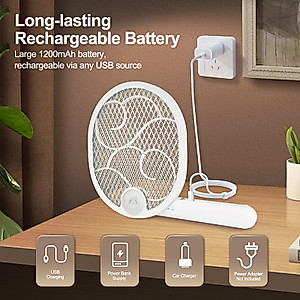 Foldable Electric Fly Swatter Racket, USB Rechargeable with 1200mAh Battery, Large 2 in 1 Bug Zapper Racket, Fly Killer and Mosquito Trap Lamp, for Indoor and Outdoor Home Backyard Patio Camping