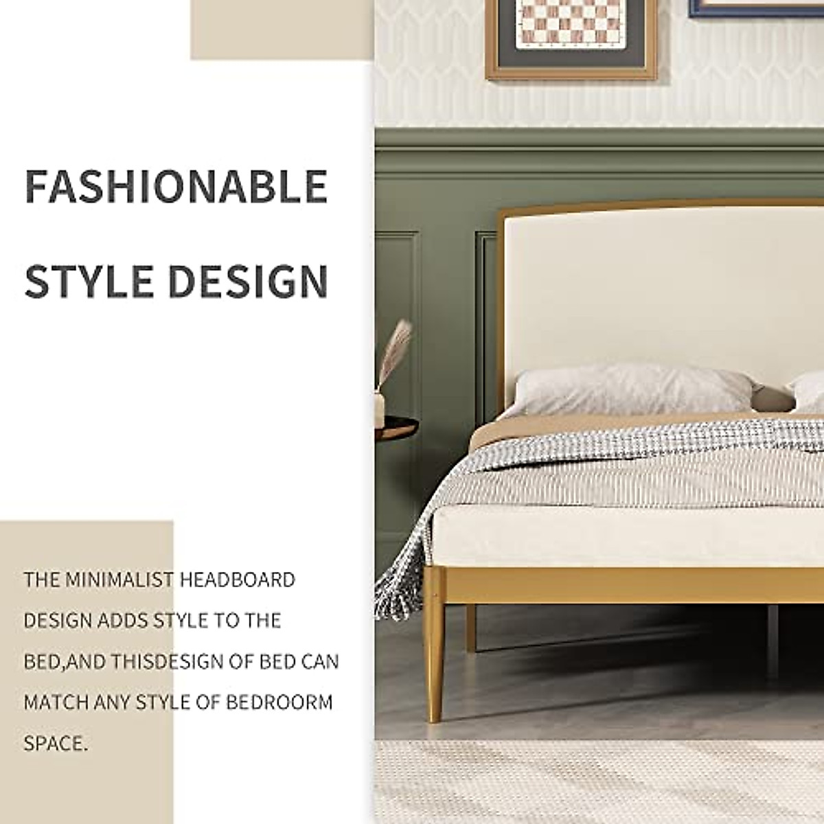 YUHUASHI Platform Metal Bed Frame, Simple Design, Linen-Covered Curved headboard, Metal Frame and Foot, Easy to Assemble and noiseless (Beige & Gold, Queen)
