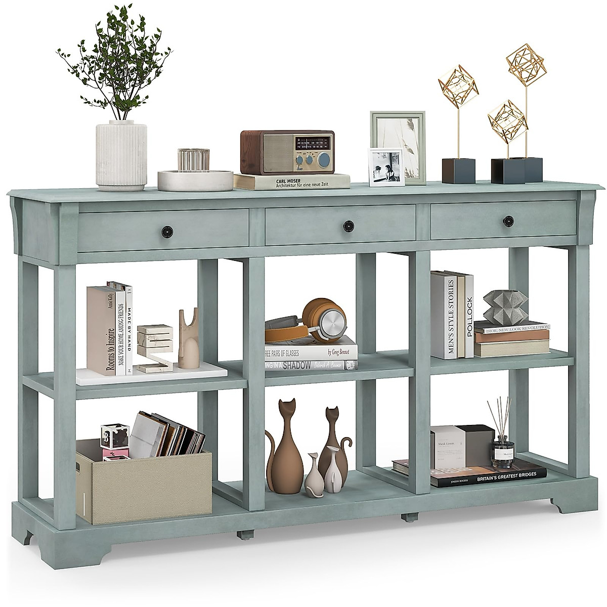 KOTEK 58'' Console Table with Storage, Retro Entryway Table with 3 Drawers and Open Shelves, Solid Wood Legs, Long Sofa Table, Hallway Table for Entryway, Living Room