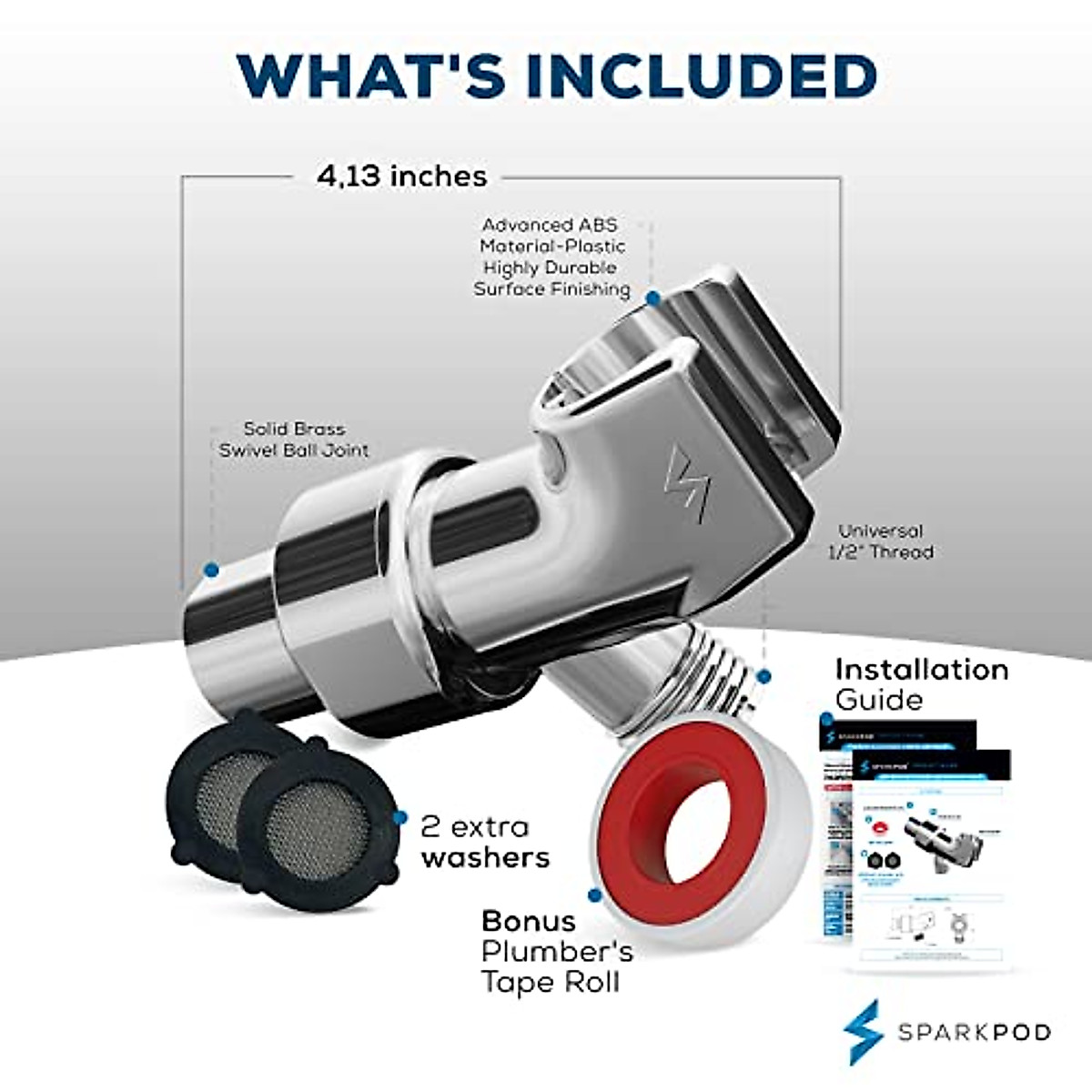 SparkPod Handheld Shower Head Holder - Premium ABS Plastic - 360 Degree Rotatable Solid Brass Ball - Compatible with 7/8" (2.25cm) Diameter Hose - Bonus Plumber's Tape (Luxury Polished Chrome)