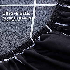 SLEEP ZONE Printed Plaid Twin Bed Sheets Set for Kids 3 Piece - Double Brushed Microfiber Super Soft Breathable Bedding Sheets with 16 inch Deep Pocket (White Grid Printed on Black)