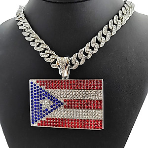 Hip Hop Jewelry Silver Plated Puerto Rico Flag Pendant 13mm 16" 18" 20" 24" Iced Cuban Chain Necklace (PENDANT & 24" CHAIN SET)