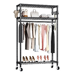 ZERDER Metal Clothing Rack for Closet, Heavy Duty Clothes Rack with 1 Hanging Rods,3 Tiers Shelves and Side Hooks, Freestanding Garment Rack