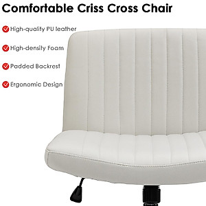 PEFEK Criss Cross Chair Armless Home Office Computer Chair No Wheels PU Leather Vanity Desk Task Chair Adjustable Swivel Ergonomic Living Room Chairs with Padded Backrest & Thickened Cushion (Beige)