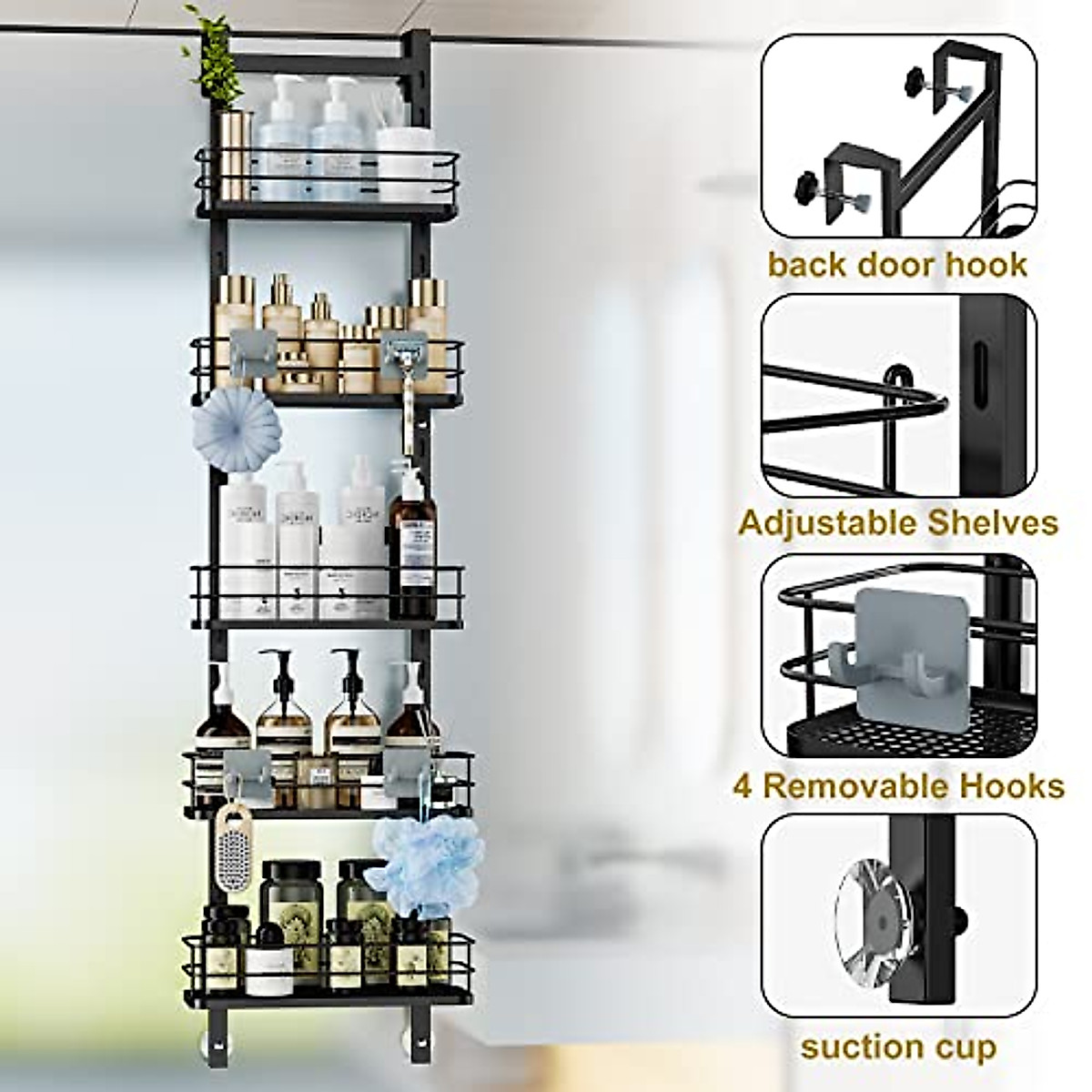 Vetacsion 44.37 inch Height 5 Tier Adjustable Over door Shower Shelf,Hanging Bath Oragnizer with 4 Hook,4 Suction,Metal Black