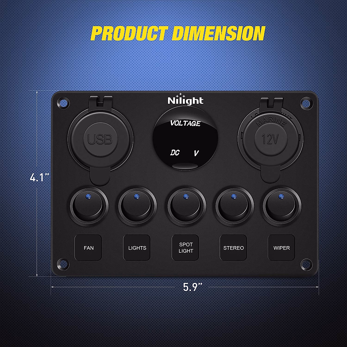 Nilight 90101E 5Gang Multi-Function 5 Gang Rocker Dual USB Charger + Digital Volmeter +12V Outlet Pre-Wired Switch Panel with Circuit Breakers for RV Car Boat Truck Trailer,2 Years Warranty,Blue