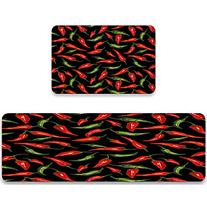 JILANGCA Chili Pepper Kitchen Rug Sets 2 Pieces Chili Peppers Comfort Mat Cushioned Floor Mats Washable Doormat 17.7inch X 47.2inch + 17.5inch X 29.5inch