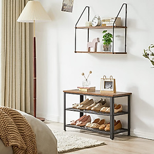 IBUYKE Industrial Shoe Rack, Shoe Bench, for 6-8 Pairs, 3-Tier Storage Organiser with Seat and Shelf, for Entryway, Living Room, Hallway, Steel Frame, Accent Furniture, TMJ004H