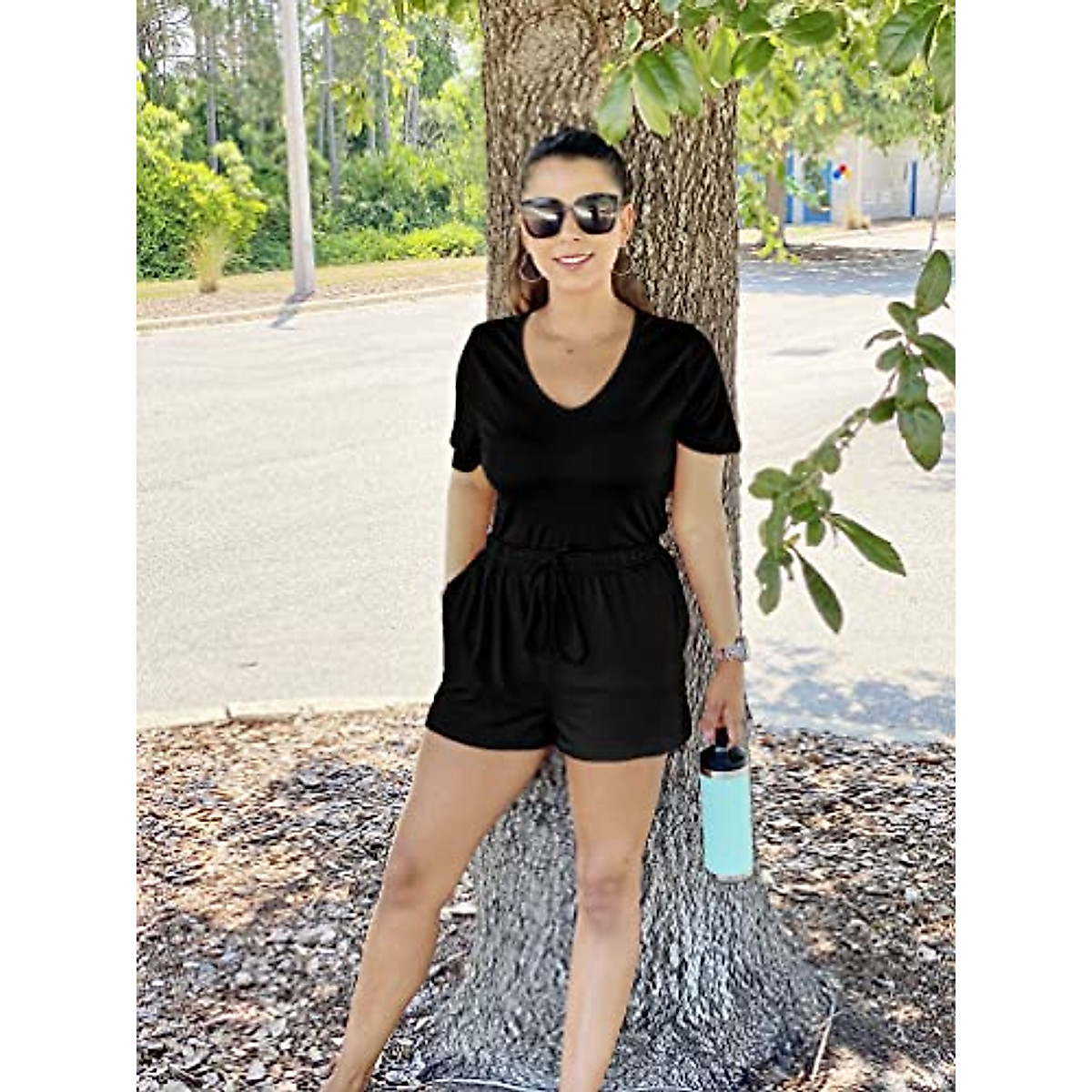 Aloodor Pajama Set for Women 2 Piece Short Sleeve V Neck Pjs Lounge Sets Sleepwear Soft Black Xxl