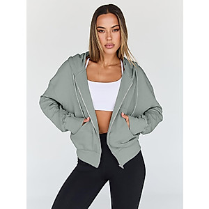 Trendy Queen Hoodies for Women Full Zip Up Cropped Sweatshirts Jackets Casual Comfy Gym Tops Fall Outfits Winter Clothes 2025 LightGreen M
