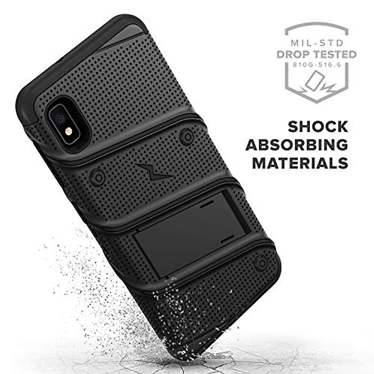 ZIZO Bolt Series for Samsung Galaxy A10e Case | Heavy-Duty Military-Grade Drop Protection w/ Kickstand Included Belt Clip Holster Tempered Glass Lanyard (Black/Black)