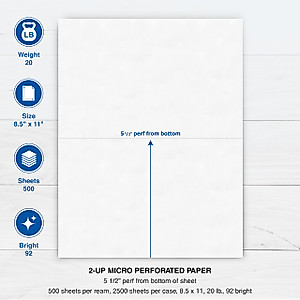PrintWorks Half Sheet Perforated Paper, 8.5 x 11, 20 lb, 2500 Sheets, White (04116C)
