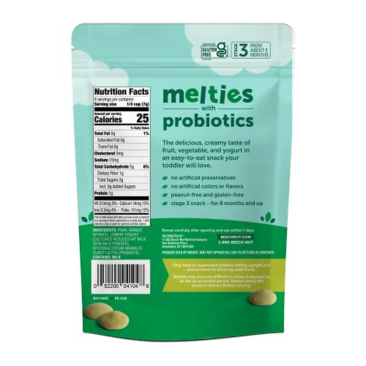 Beech-Nut Probiotic Melties Yogurt Melts, Pear Mango Spinach & Yogurt, 1oz (7 Pack), Toddler & Baby Snacks