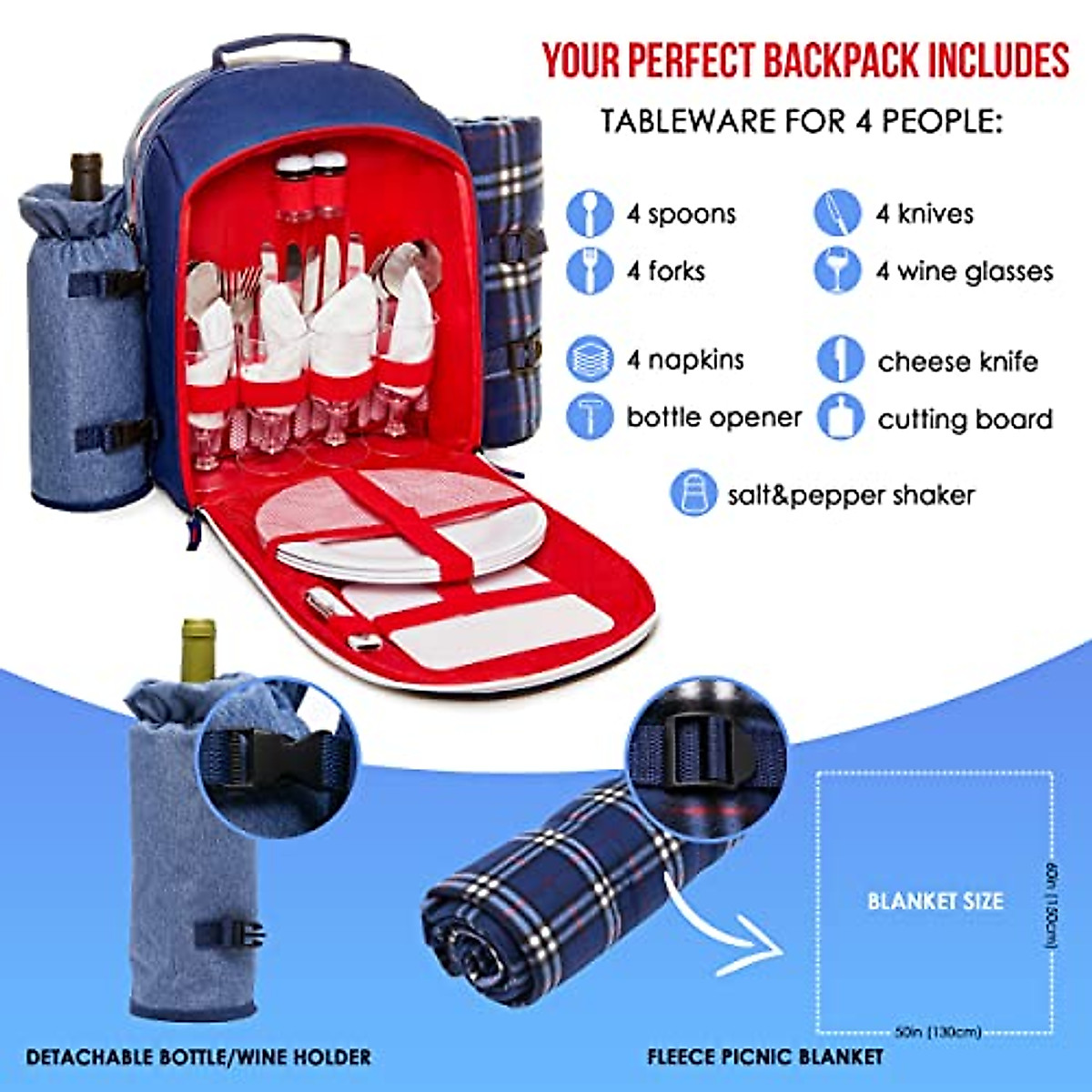 Frolk Picnic Backpack Set for 4 - Picnic Basket Backpack Kit with 4 Cutlery Sets, Cooler Compartment, Wine Holder, Picnic Blanket, 3 Food Storage Containers - Picnic Gift for Men and Women