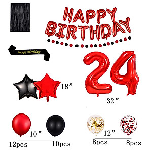 Red 24TH Birthday Party Decorations Supplies Red theme 16inch Red Foil Happy Birthday Balloons Banner Happy Birthday sash Foil Black Curtains Foil Balloons Number Red 24 Risehy