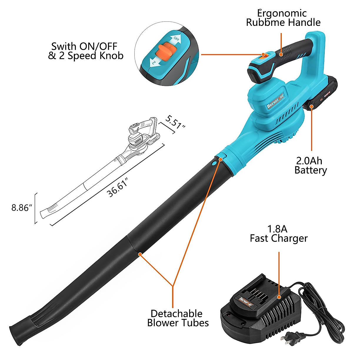 Berserker 20V Lightweight Leaf Blower Cordless 2.0Ah Battery Operated and Fast Charger Included,2 Speeds 150CFM 170MPH Portable Rechargeable Patio Blower for Small Lawn Care,Sidewalk Dust Cleaning