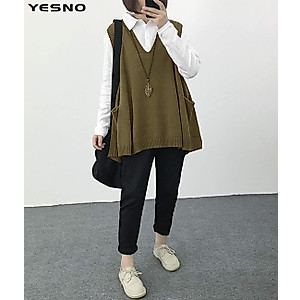 YESNO Sweater Vest Women Loose Swing Cotton Cute Oversized Knit Pullover Sleeveless Sweater Tops with Drop Pockets 3XL WM9 Olive