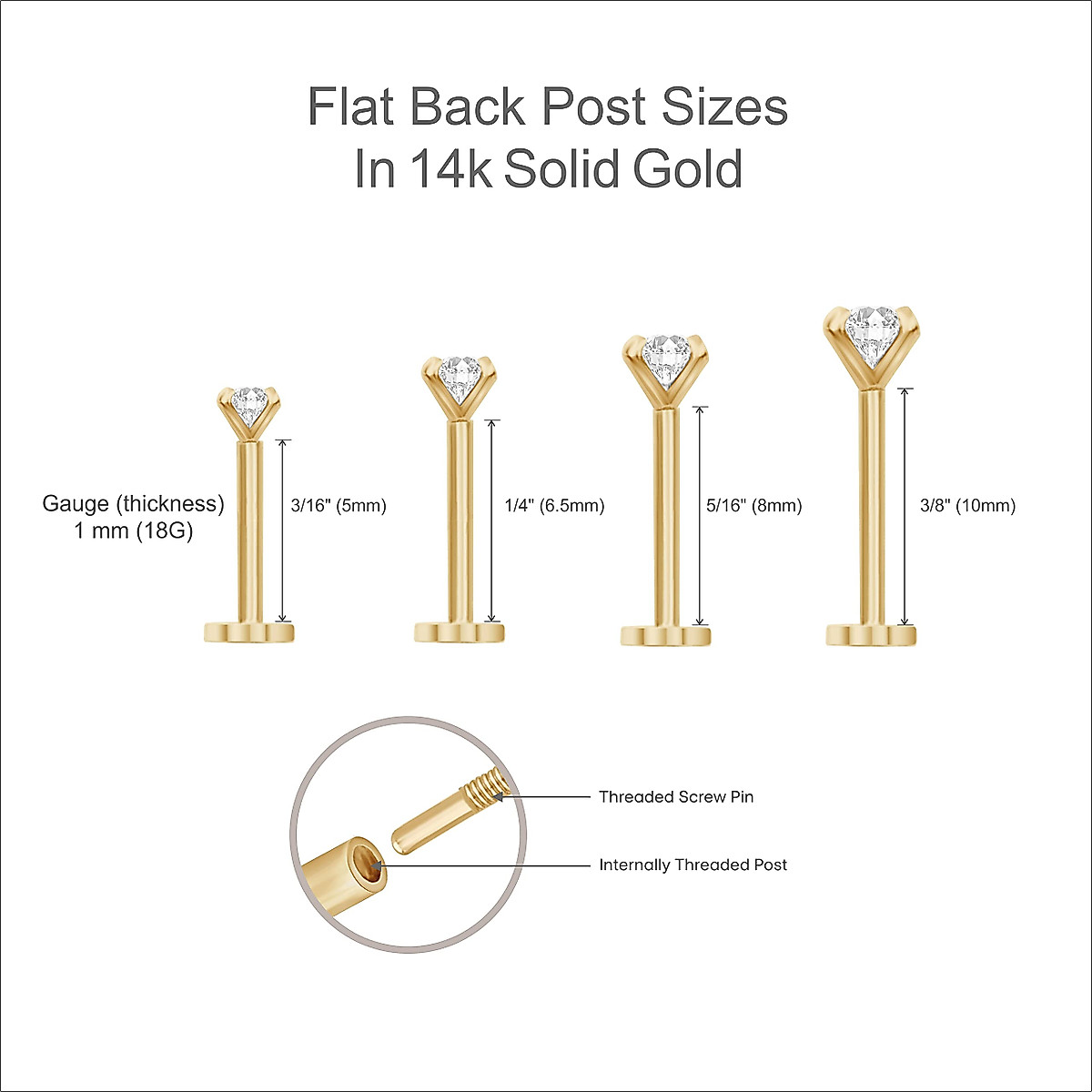 14K Solid Yellow Gold Cartilage Stud Earring 3mm Tragus Helix Ear Piercing Dainty Tiny Ball Earring for Upper Ear Piercing Internally Threaded Flat Back Jewelry Gift For Men Women(Single Piece)