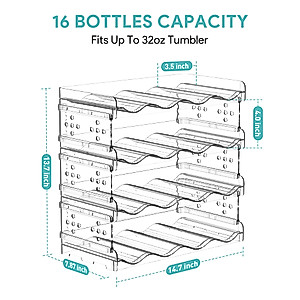 4 Tier Water Bottle Organizer - 16 Bottles, Stackable Cup Organizer for Cabinet, Countertop, Pantry & Fridge, Free-Standing Kitchen Tumbler Storage Holder for Wine and Drink Bottles, Clear Plastic
