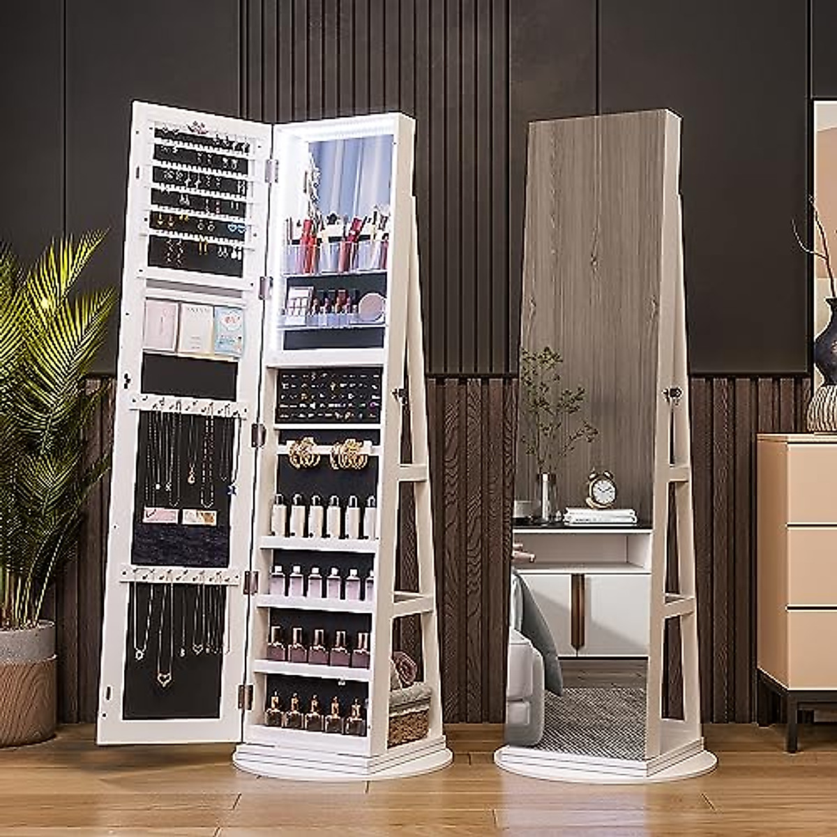 HNEBC LED Light Jewelry Storage Organizer, Armoire with Door Mirror 360° Rotating, Full Length Cabinet, ,Large Jewelry Boxes & Organizers（A White）