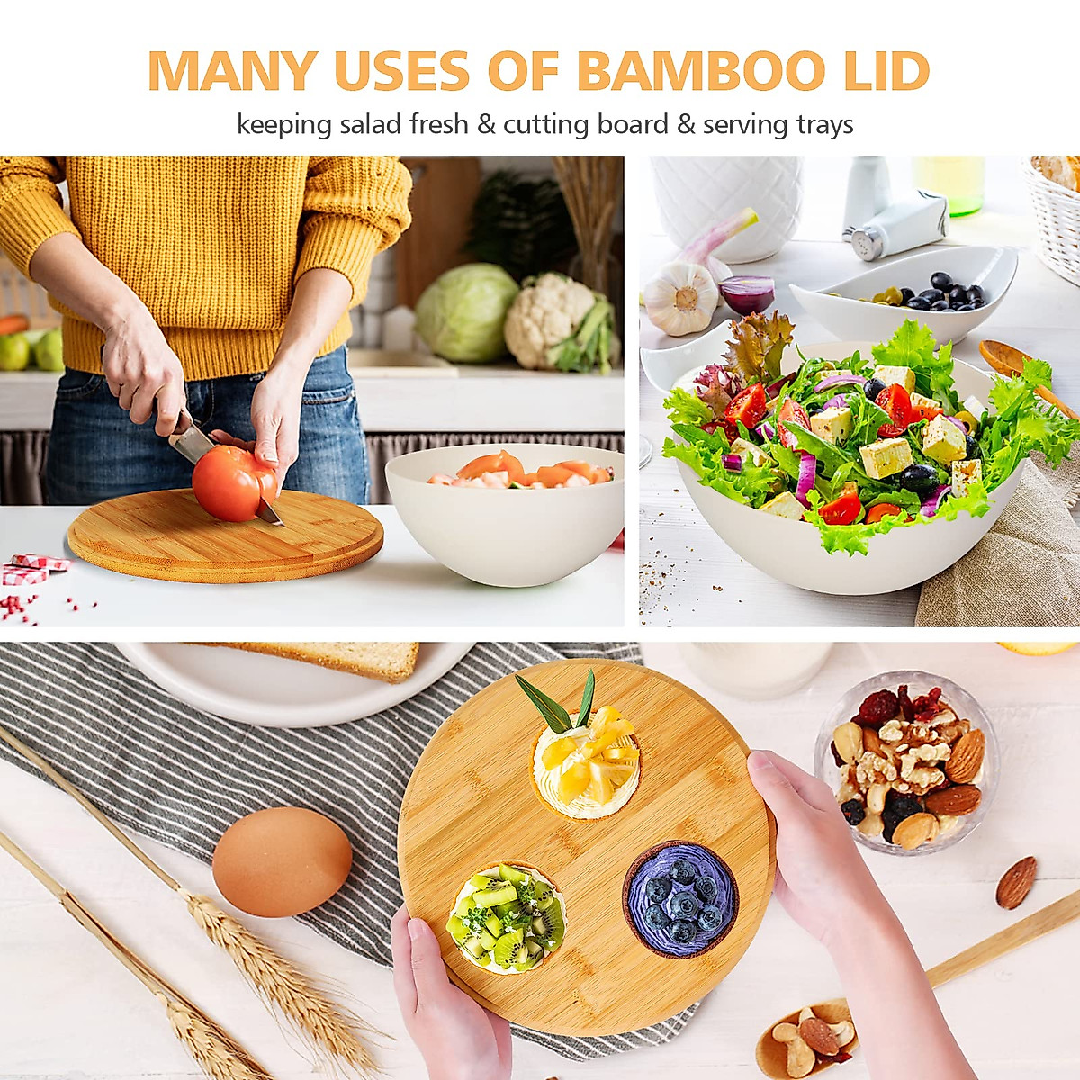 ShineMe Salad Bowl with Lid, Natural Bamboo Fiber Serving Bowls Set of 3 with Utensils & Lids, Mixing Bowls for Preparing, Storing and Serving for Cereal, Fruit,Chips, Bread(10",8",6")